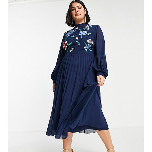 ASOS DESIGN Curve – Granatowa plisowana sukienka midi typu skater z zabudowanym Poland