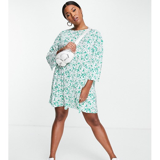 ASOS DESIGN Curve – Zielona plisowana sukienka mini o luźnym kroju w drobne Poland