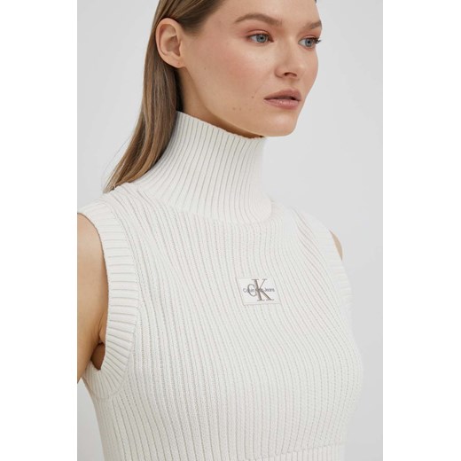 Calvin Klein Jeans kamizelka bawełniana damski kolor beżowy z golfem ...