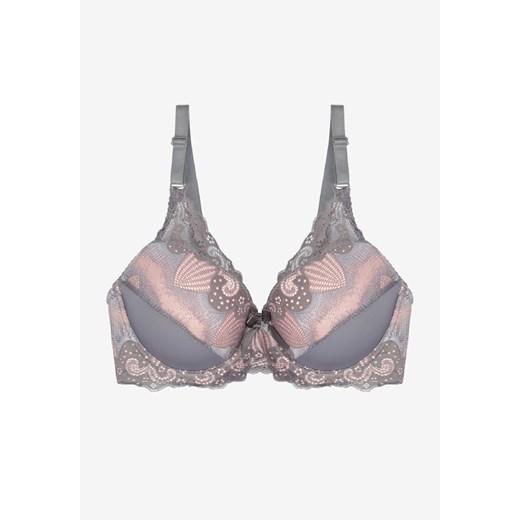 Szary Biustonosz Full Cup Zdobiony Koronką i Kokardką Alleah Renee odzież