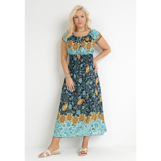 Czarna Bawełniana Sukienka Midi z Hiszpańskim Dekoltem i Gumkami w ...