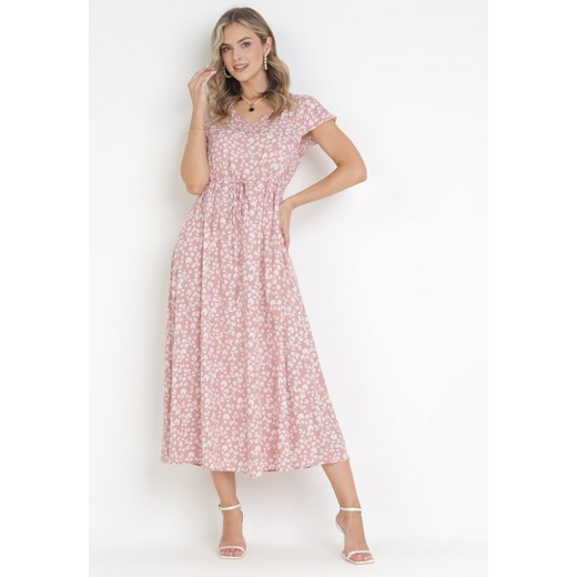 Różowa Wiskozowa Sukienka Maxi ze Ściągaczem i Krótkimi Rękawami Kentle ...