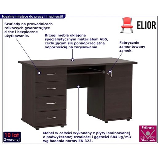 Biurko brązowe długie zamykane na kluczyk wenge - Gareno Elior Edinos.pl